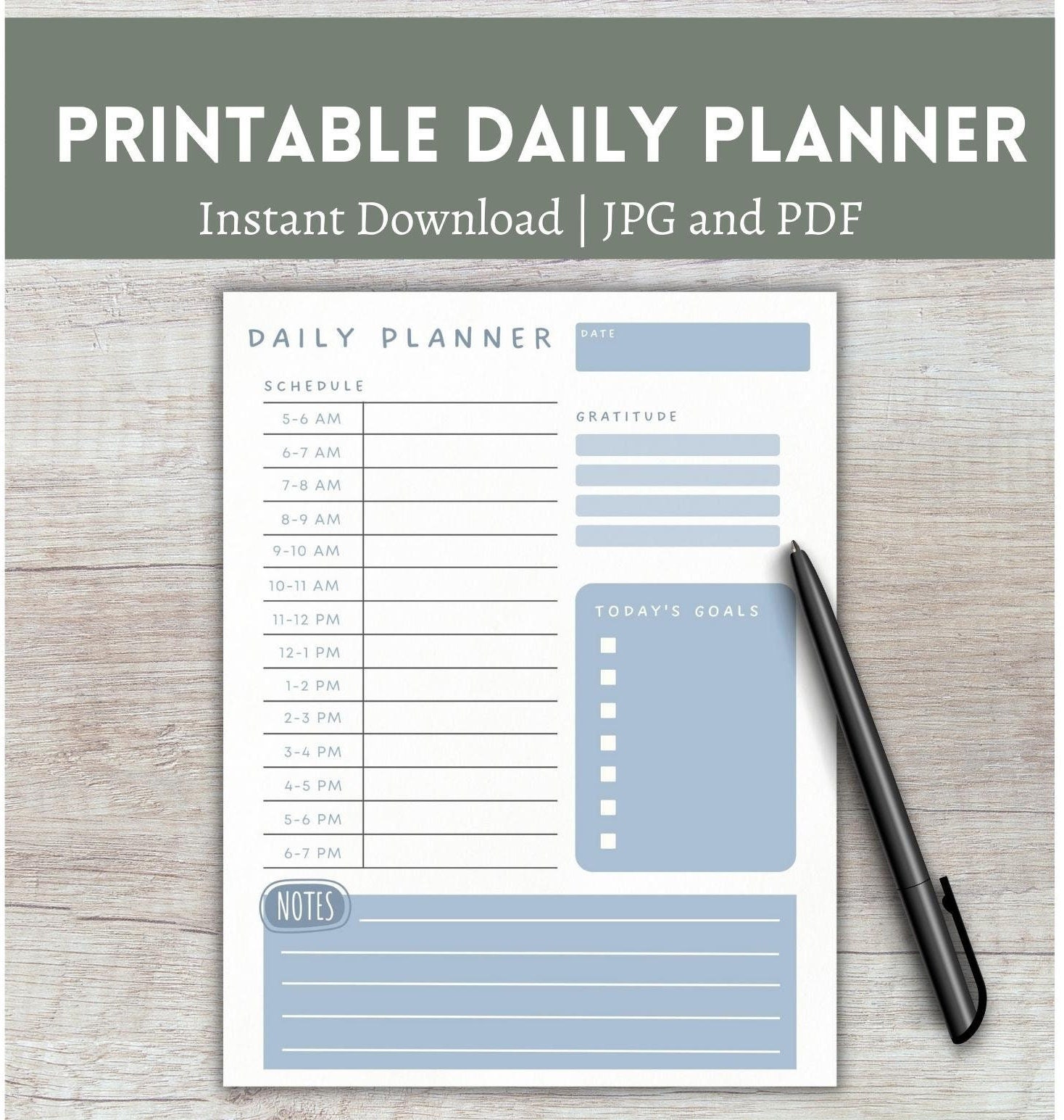 Digital Daily Planner Printable Blue Work Day Planner School Day Hourly ...