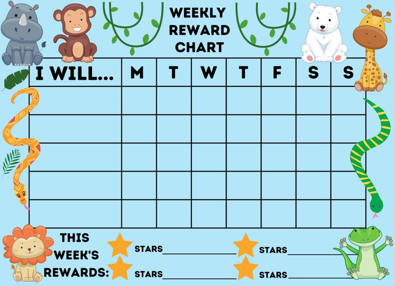 Set of 6 Children's Reward Charts - Jungle Animals Theme - Download and ...
