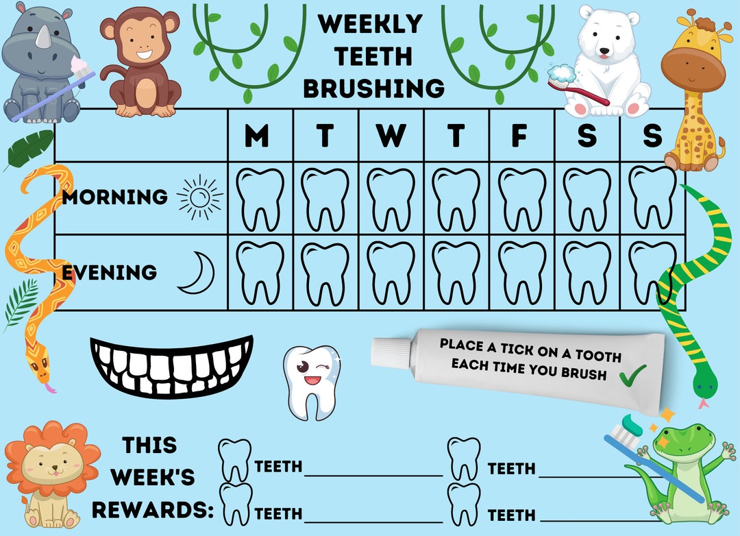 Children's Teeth Brushing Reward Chart - Jungle Animals Theme ...