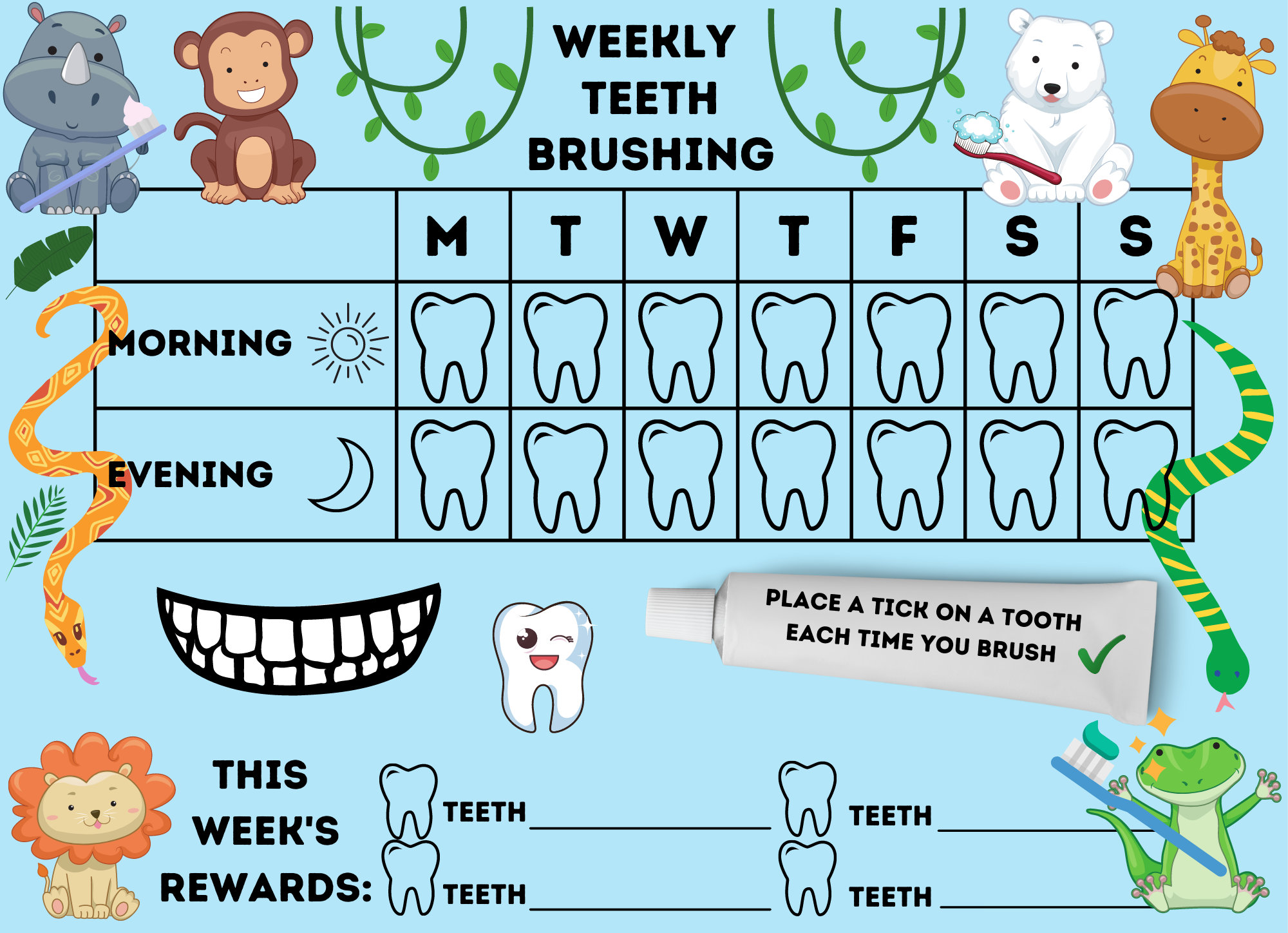 Children's Teeth Brushing Reward Chart - Jungle Animals Theme ...