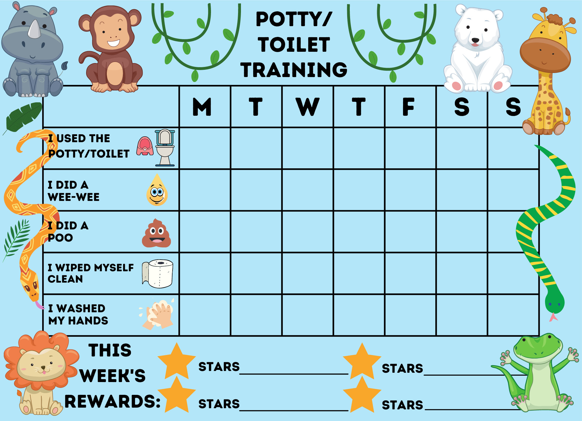Children's Potty/toilet Training Reward Chart - Jungle Animals Theme ...