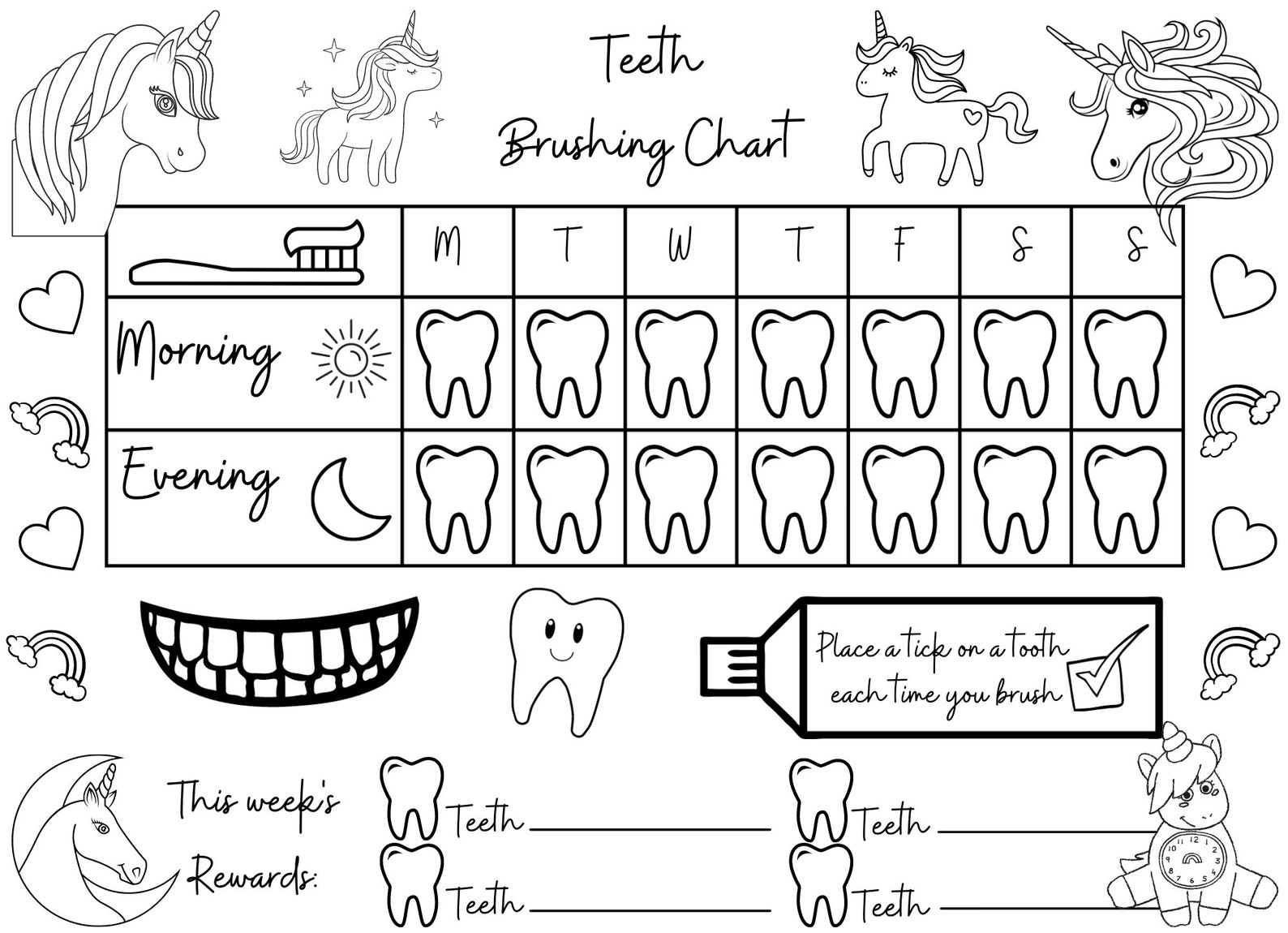 Colour Your Own Children's Teeth Brushing Reward Chart - Unicorns Theme ...