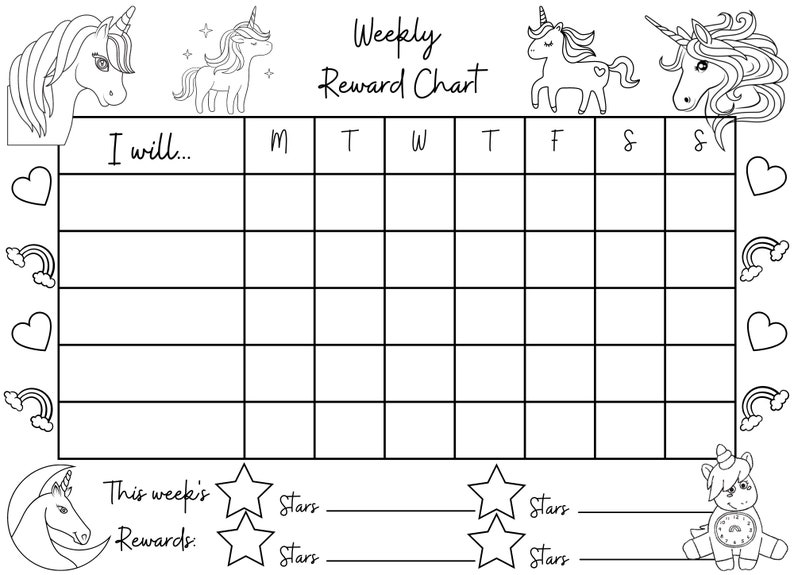 Colour Your Own Children's Reward Chart - Unicorns Theme - Download ...