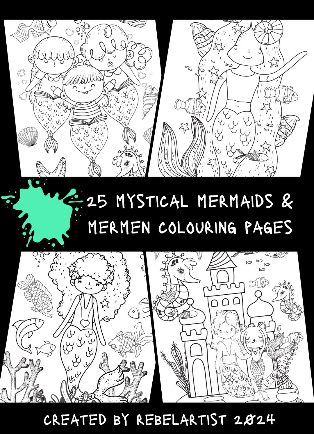 Mermaids and Mermen Colouring for Kids - DIGITAL Colouring Pages ...