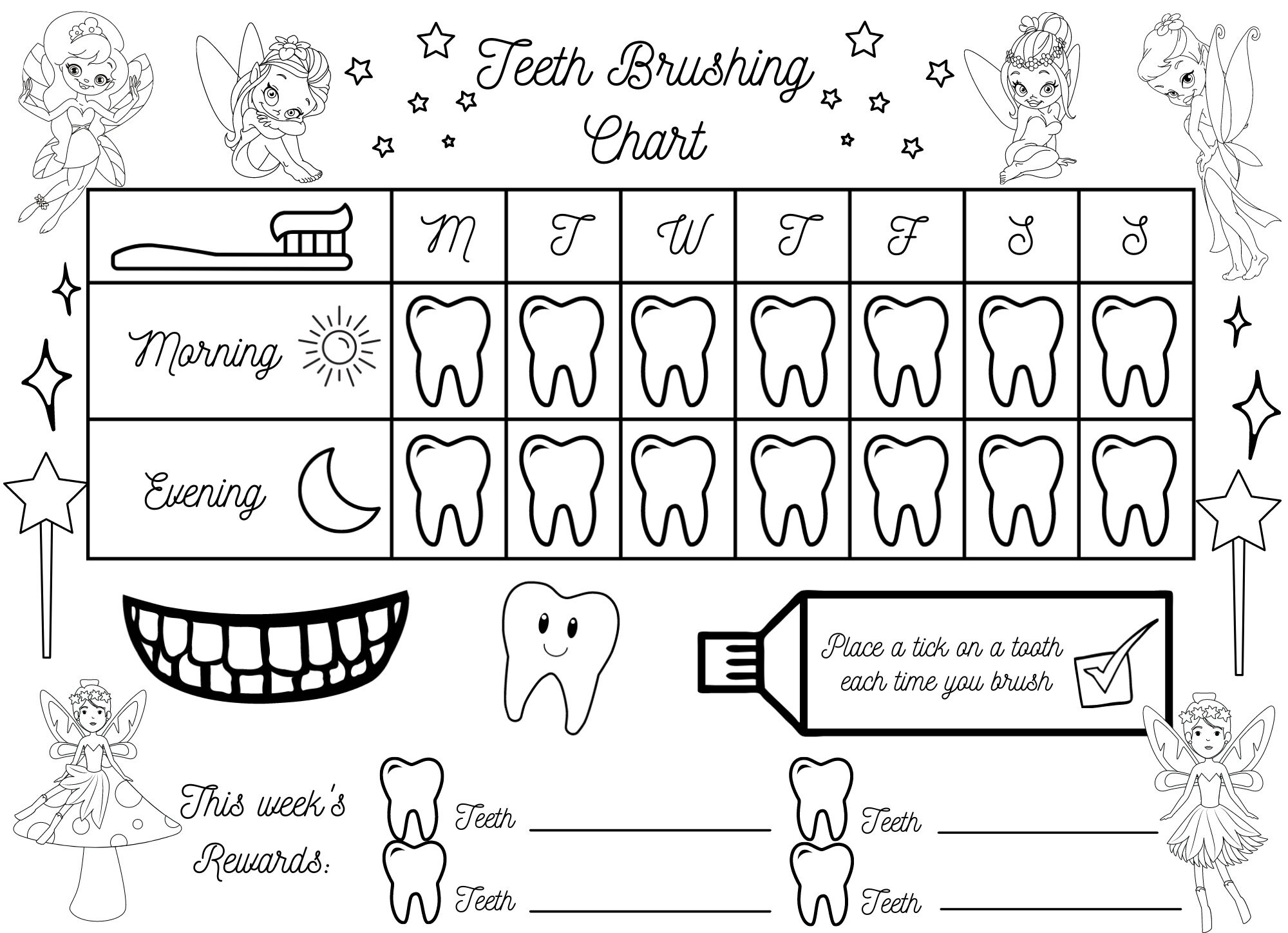 Colour Your Own Children's Teeth Brushing Reward Chart - Fairies Theme ...