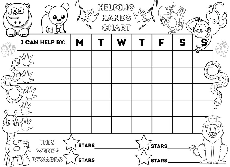Colour Your Own Children's Helping Hands Reward Chart - Jungle Animals ...