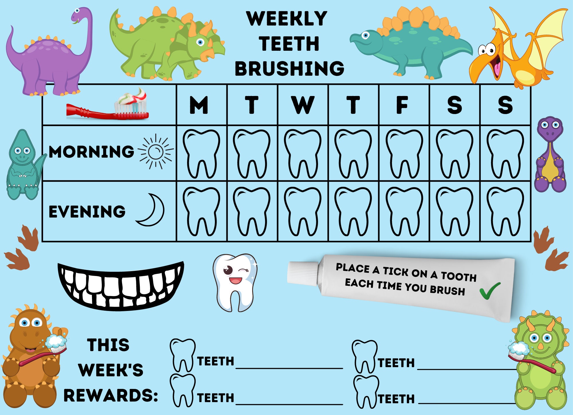 Children's Teeth Brushing Reward Chart - Dinosaurs Theme - Download and ...