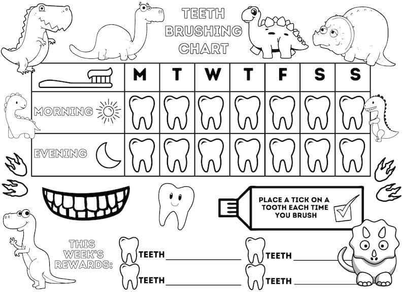 Colour Your Own Children's Teeth Brushing Reward Chart - Dinosaurs ...