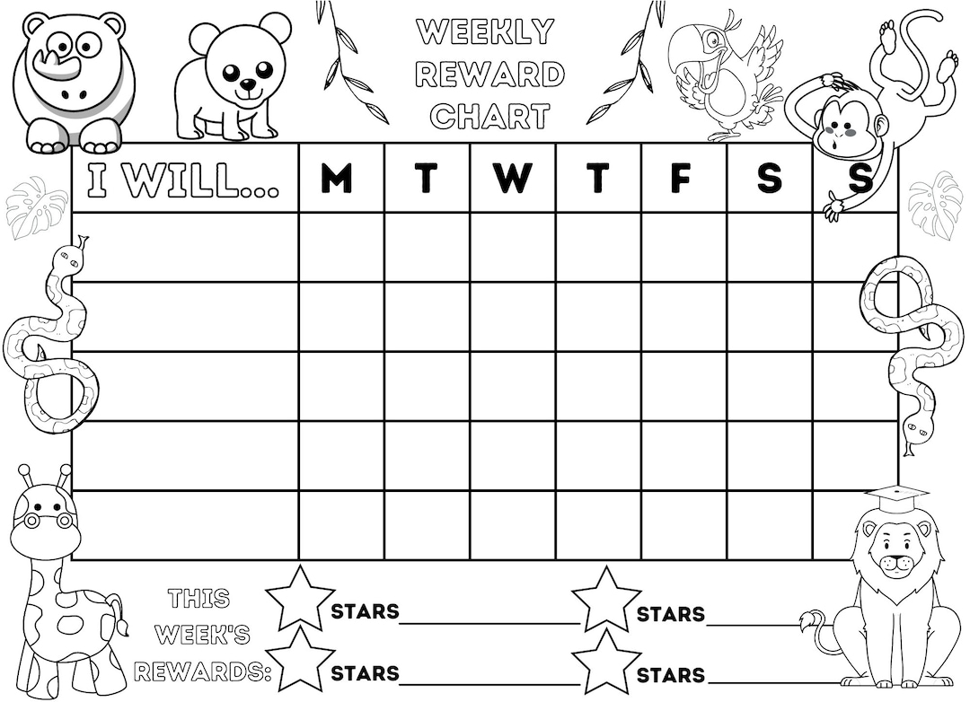 Colour Your Own Children's Reward Chart - Jungle Animals Theme ...