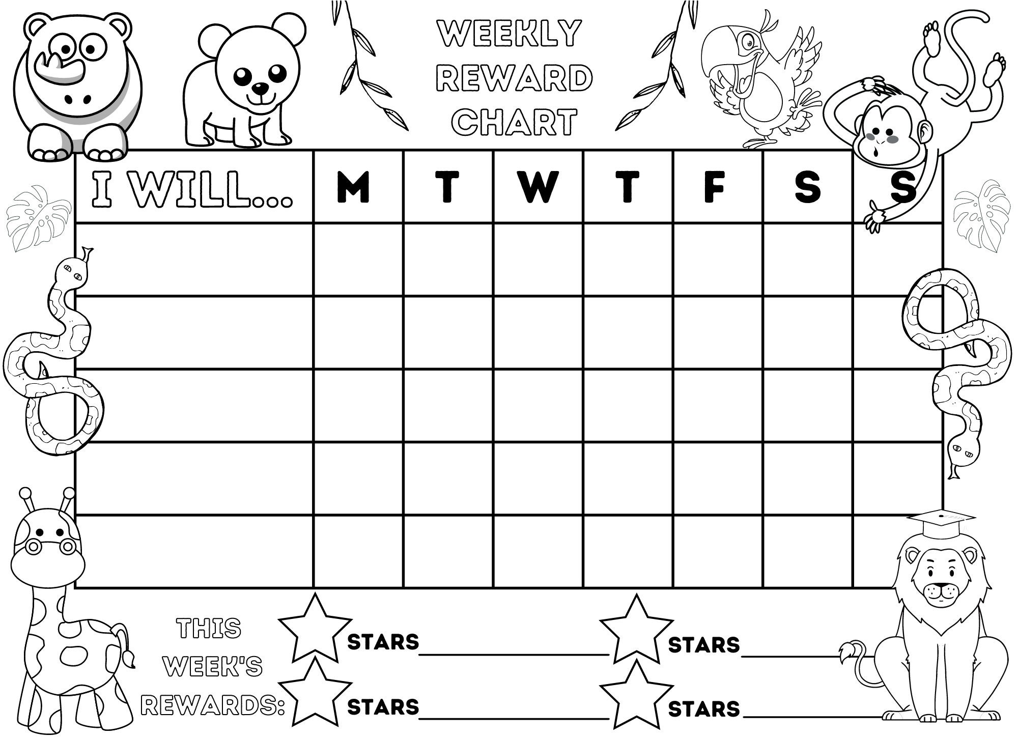Colour Your Own Children's Reward Chart - Jungle Animals Theme ...