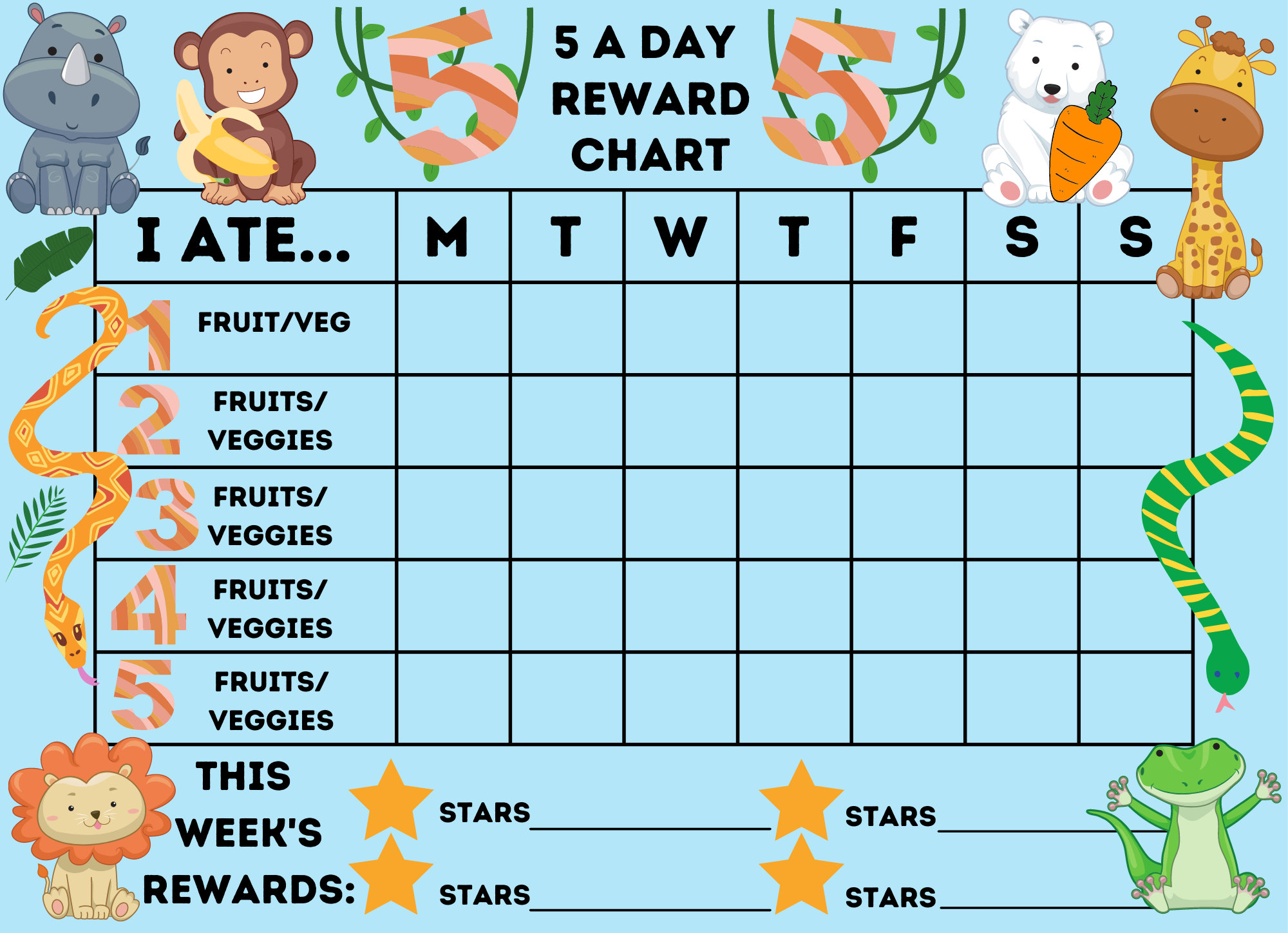 Set of 6 Children's Reward Charts - Jungle Animals Theme - Download and ...
