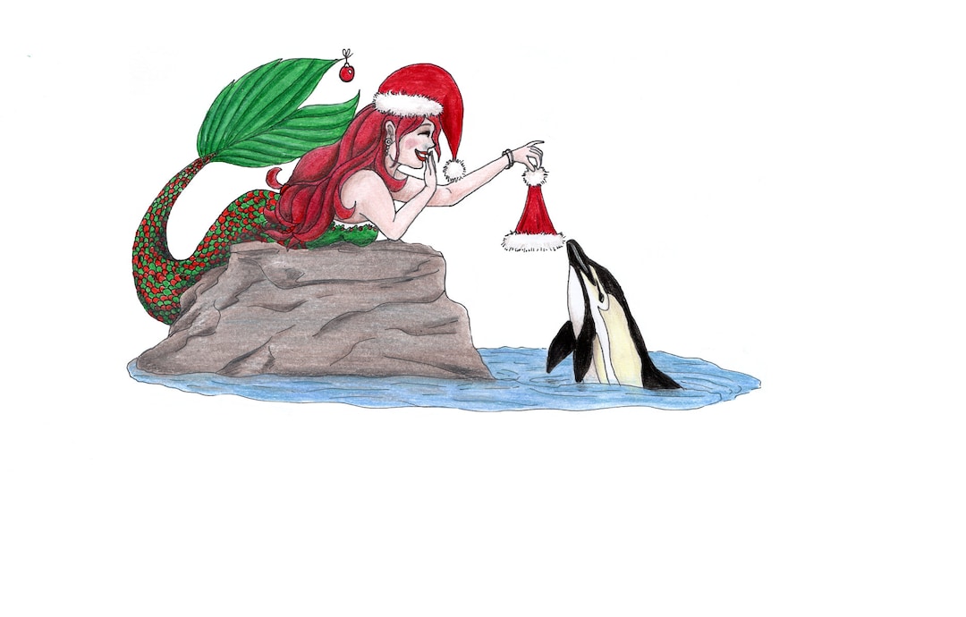 Christmas Mermaid With Dolphin PRINT - Etsy