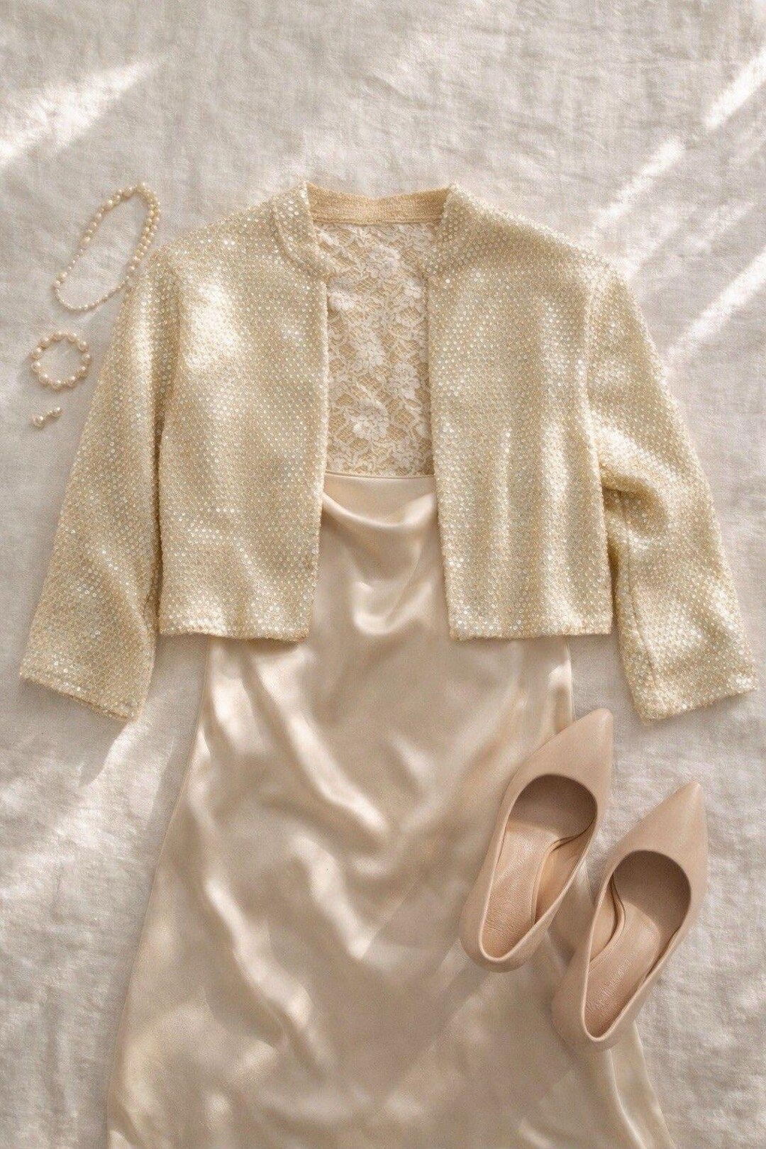 Vintage Sequin Cropped Bolero Jacket Cream Ivory Lace Lined Glam Party ...