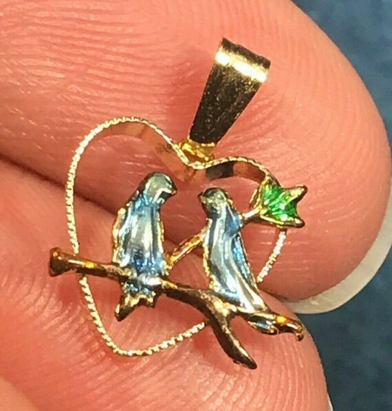 14k Yellow Gold Robins Egg Blue Lovebirds Heart Penda… Gem