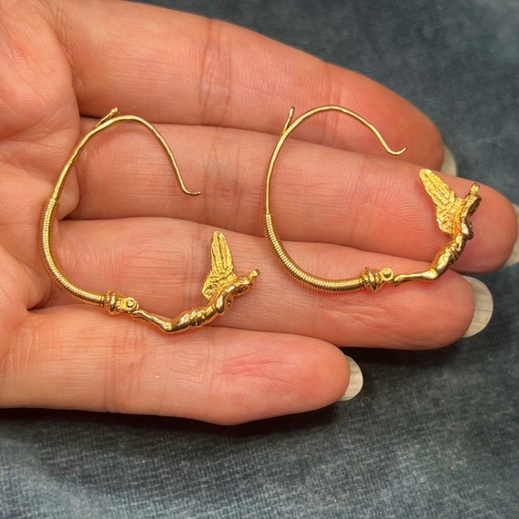 14k Gold Winged Angel Ship Figurehead Oval Hoop Earri… - Gem