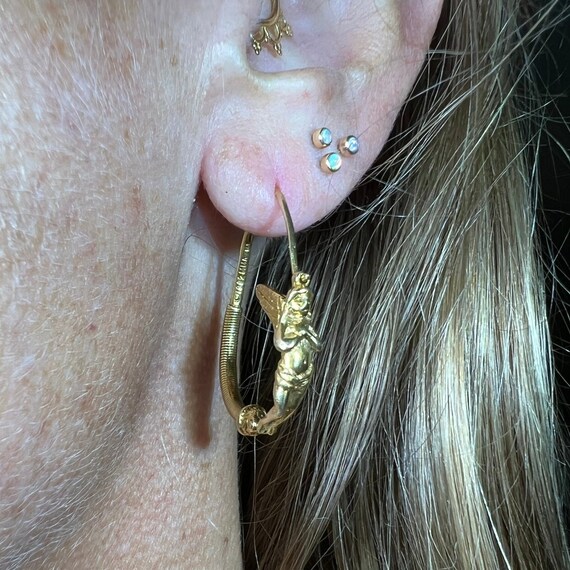 14k Gold Winged Angel Ship Figurehead Oval Hoop Earri… - Gem