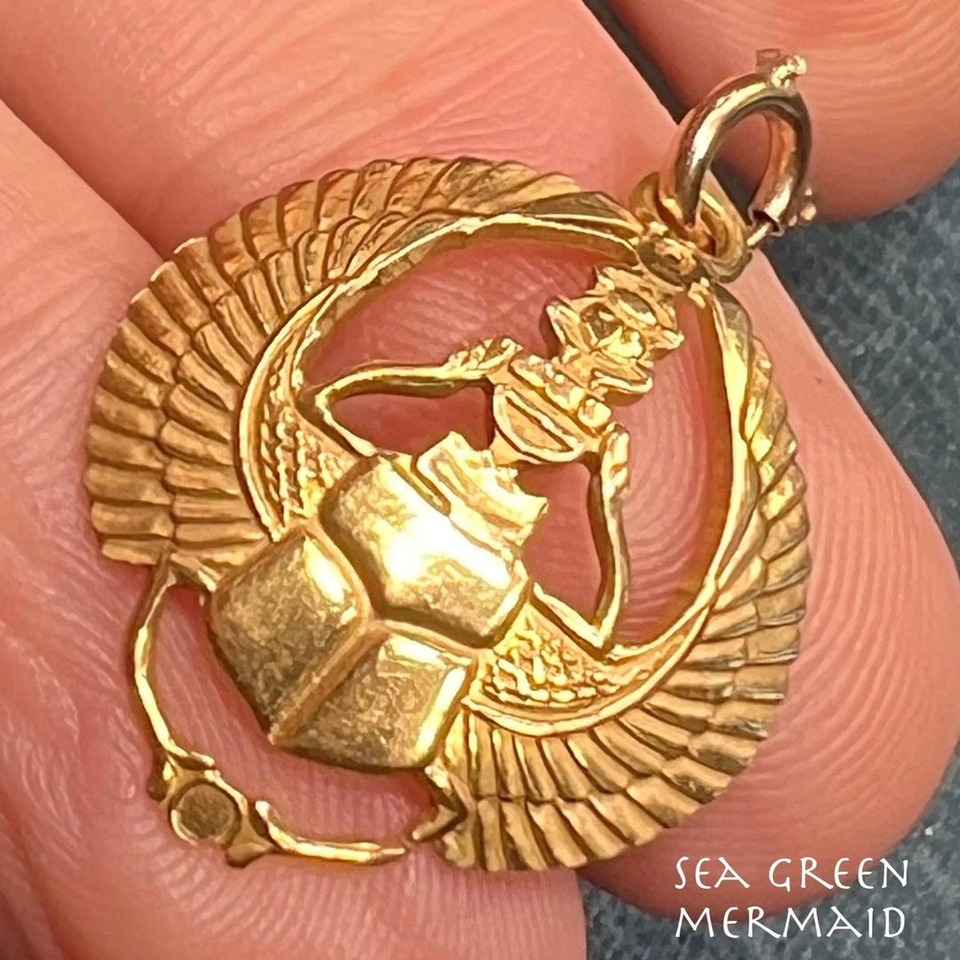 14k Gold Antique Egyptian Winged Scarab SUN God Pendant - Etsy