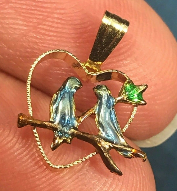 14k Yellow Gold Robins Egg Blue Lovebirds Heart Penda… Gem