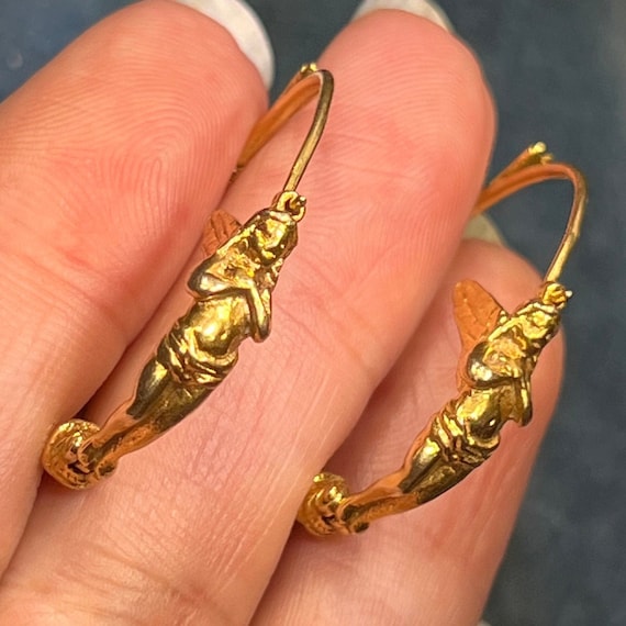 14k Gold Winged Angel Ship Figurehead Oval Hoop Earri… - Gem
