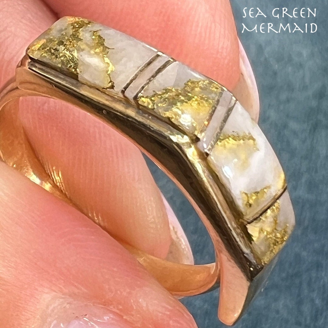 14k Gold ALASKAN GOLD QUARTZ Angled Ring. Wide Band. L - Etsy
