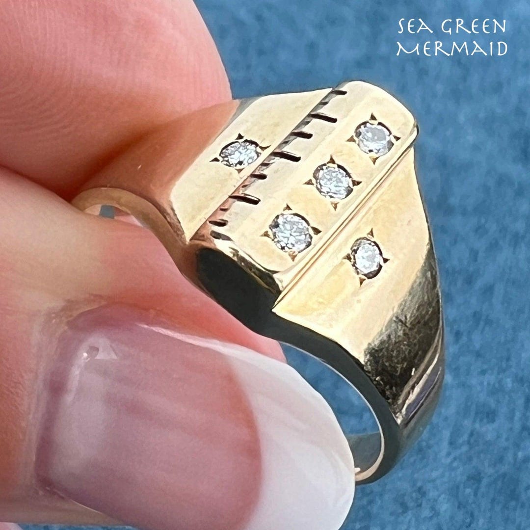 10k Gold + Gypsy-set Diamonds Wide Ruler Ring. Crafter Builder Quilter ...