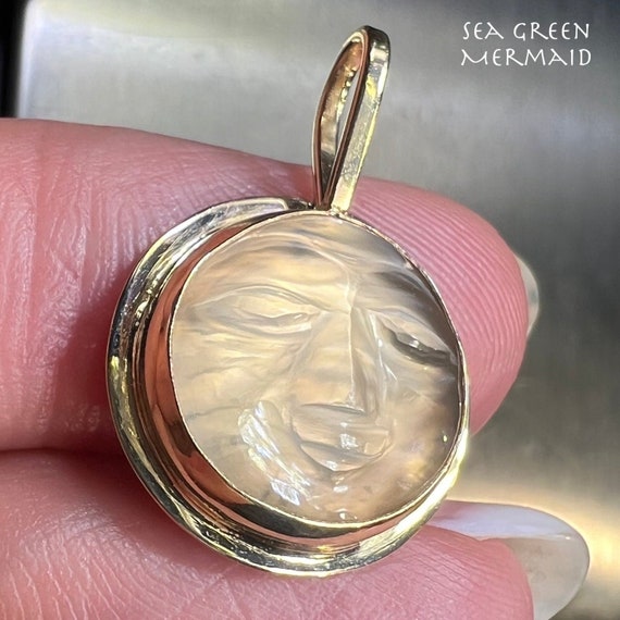 14k Yellow Gold Carved Moonstone Man in the Moon Pend… - Gem