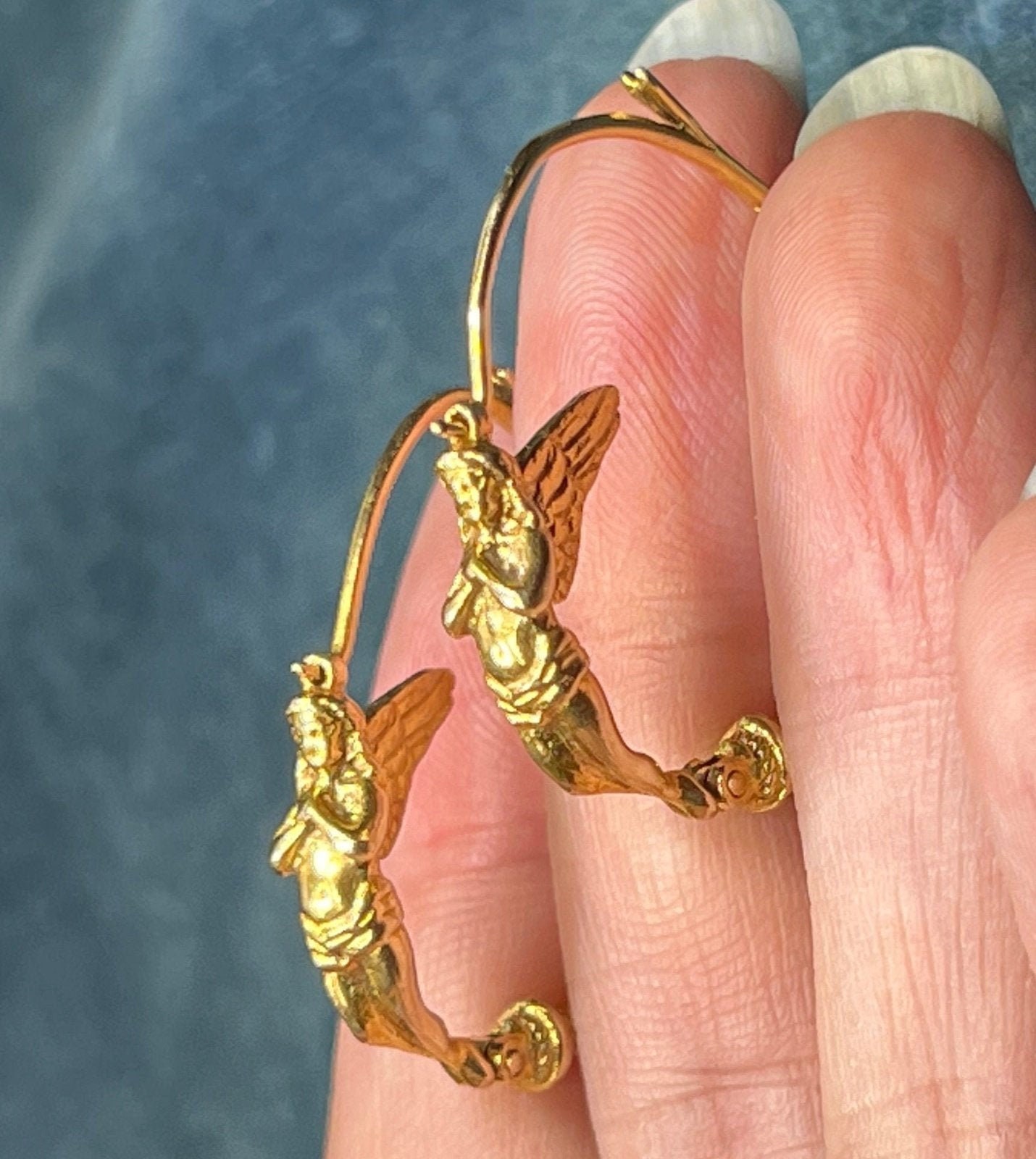 14k Gold Winged Angel Ship Figurehead Oval Hoop Earrings - Etsy