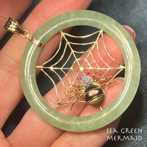 14k Gold SPIDER Web Pendant w Jade + Ruby. 2.2" 10g - Gem
