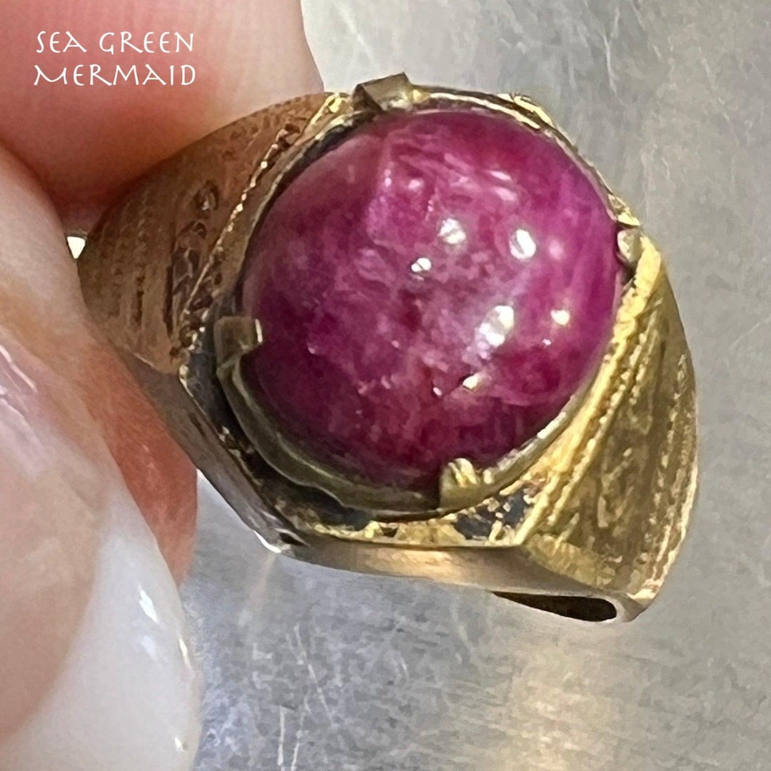 Natural Cabochon Ruby in Rustic Gold-tone Signet Ring - Etsy