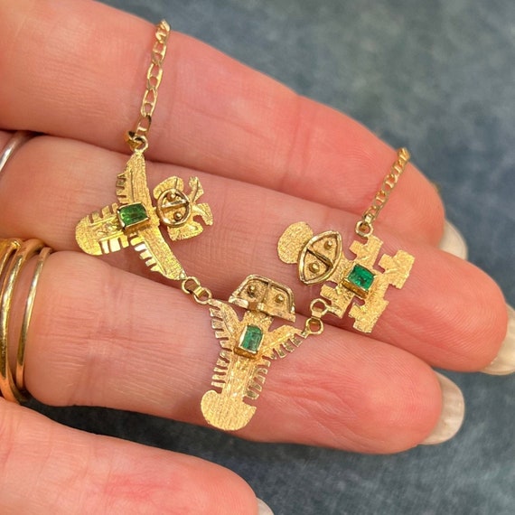 18k Gold Columbian Emerald Aztec 3 GODS Pendant Neckl… - Gem
