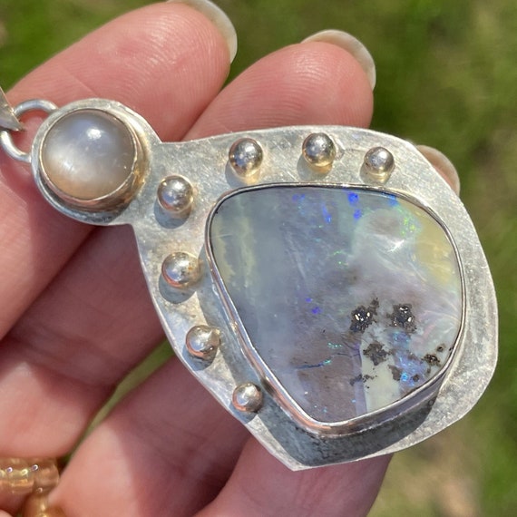 Australian Boulder Black Opal & Moonstone Pendant. La… - Gem