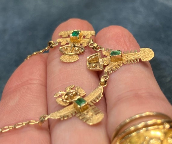 18k Gold Columbian Emerald Aztec 3 GODS Pendant Neckl… - Gem