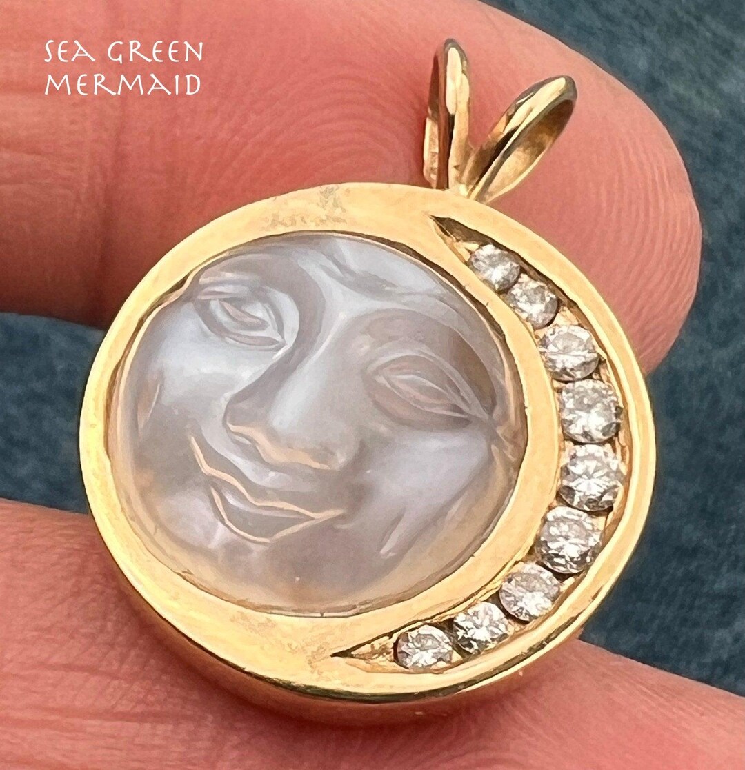 14k Gold Carved Moonstone Crescent "man in Moon" Pendant W Diamonds ...