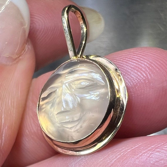 14k Yellow Gold Carved Moonstone Man in the Moon Pend… - Gem