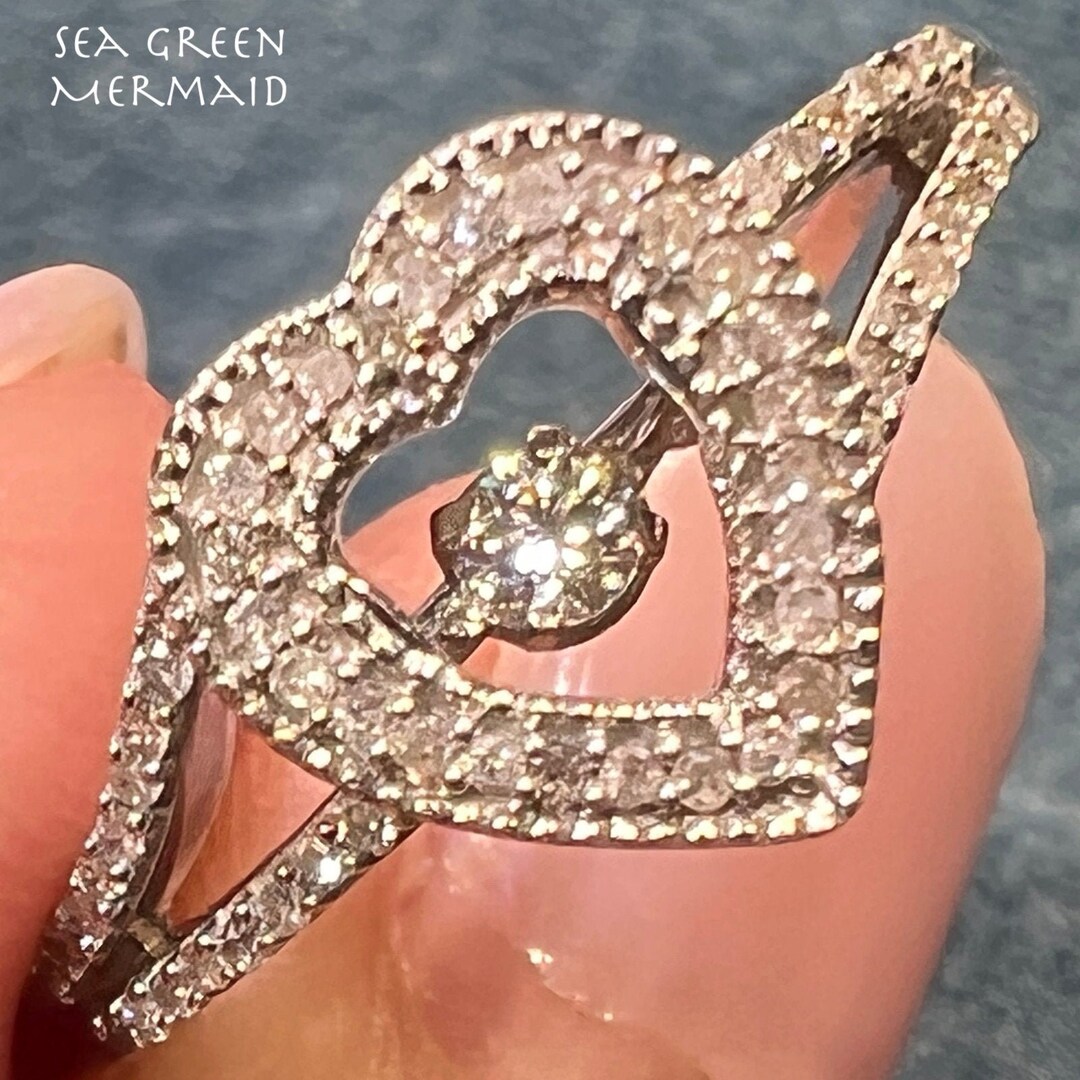 10k White Gold dancing Diamond Ring W Heart Halo - Etsy