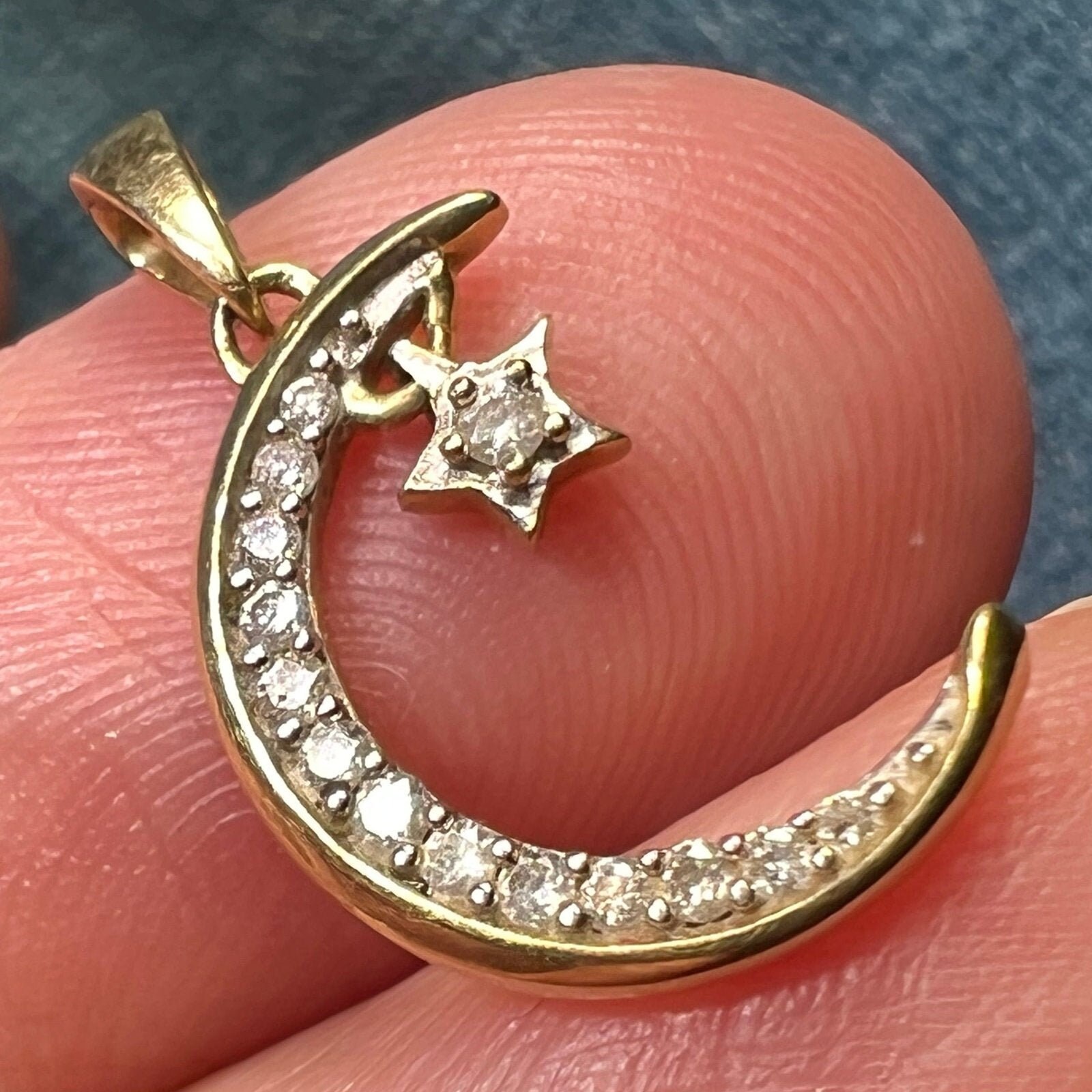 10k Yellow Gold Diamond Crescent MOON Pendant W Twinkly Star - Etsy