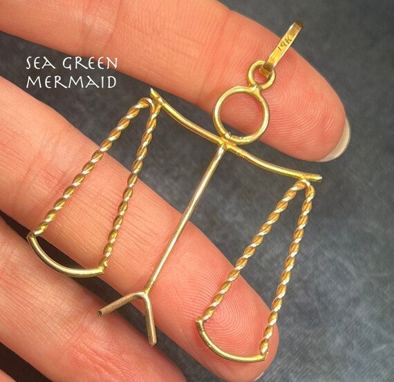 14k Yellow Gold Scales of Justice Pendant w Figure. 2" - Gem