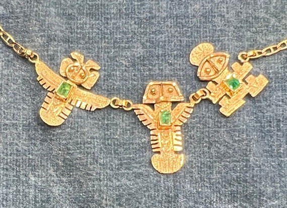 18k Gold Columbian Emerald Aztec 3 GODS Pendant Neckl… - Gem
