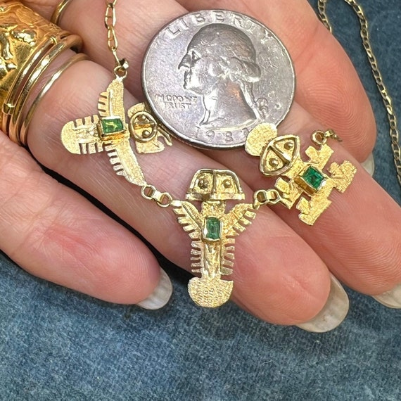 18k Gold Columbian Emerald Aztec 3 GODS Pendant Neckl… - Gem