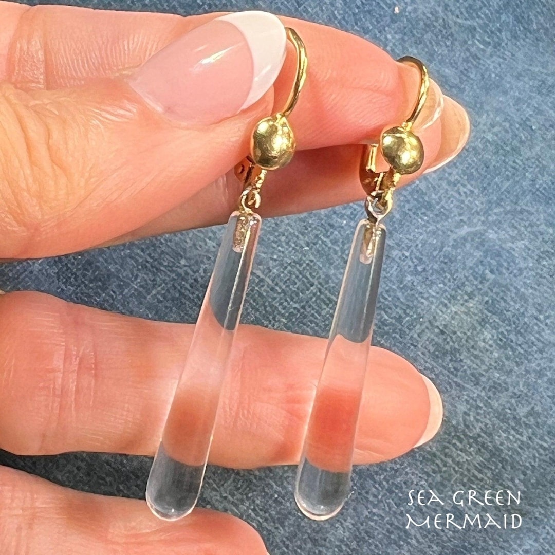 14k Gold Rock Crystal Antique Baton Drop Leverback Earrings. 2" - Etsy