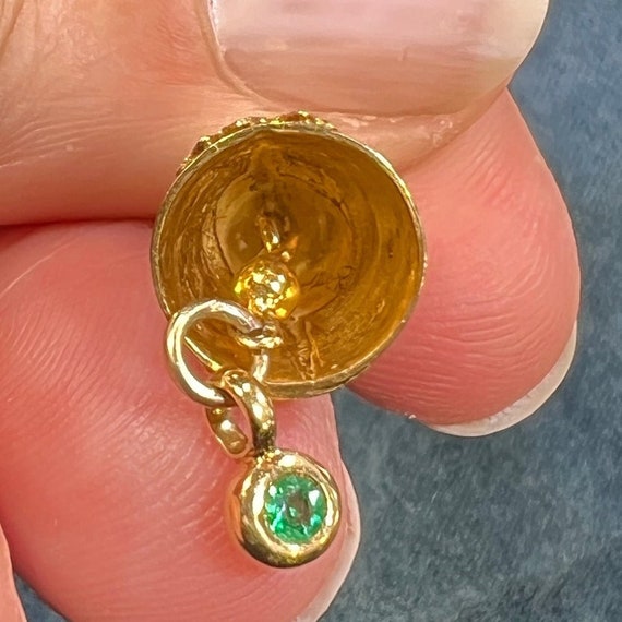 14k Gold Hindu God Vishnu + Garuda Bell Pendant w Eme… - Gem