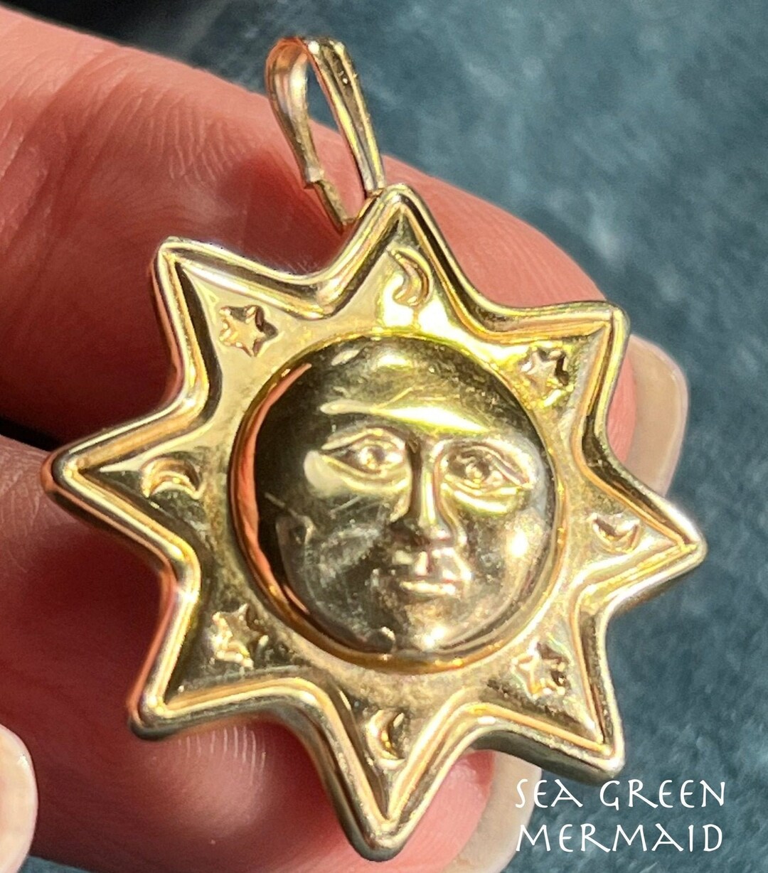 14k Yellow Gold Puffy Sun Face Sun Burst Pendant Medallion. - Etsy