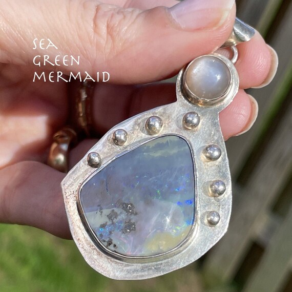 Australian Boulder Black Opal & Moonstone Pendant. La… - Gem