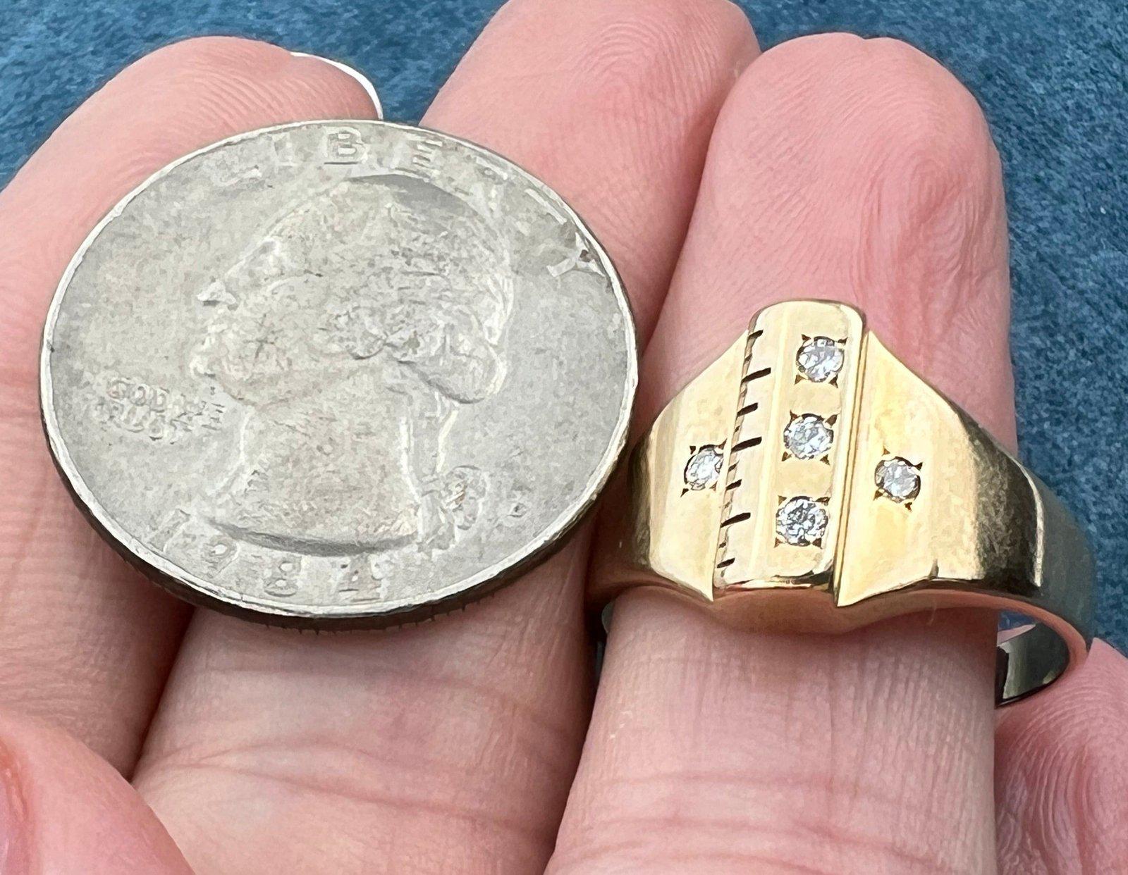 10k Gold + Gypsy-set Diamonds Wide Ruler Ring. Crafter Builder Quilter ...