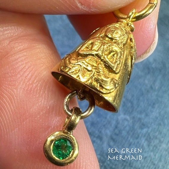 14k Gold Hindu God Vishnu + Garuda Bell Pendant w Eme… - Gem