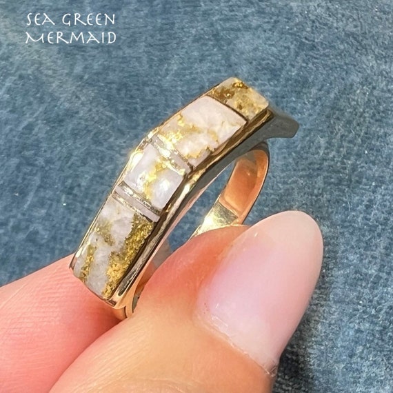 14k Gold ALASKAN GOLD QUARTZ Angled Ring. Wide Band. S - Gem