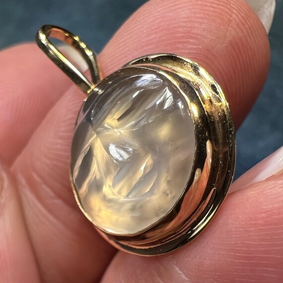 14k Yellow Gold Carved Moonstone Man in the Moon Pend… - Gem