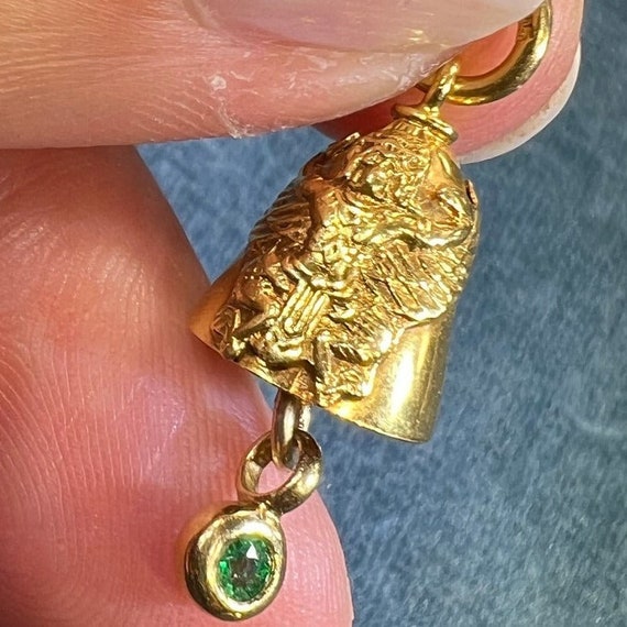 14k Gold Hindu God Vishnu + Garuda Bell Pendant w Eme… - Gem