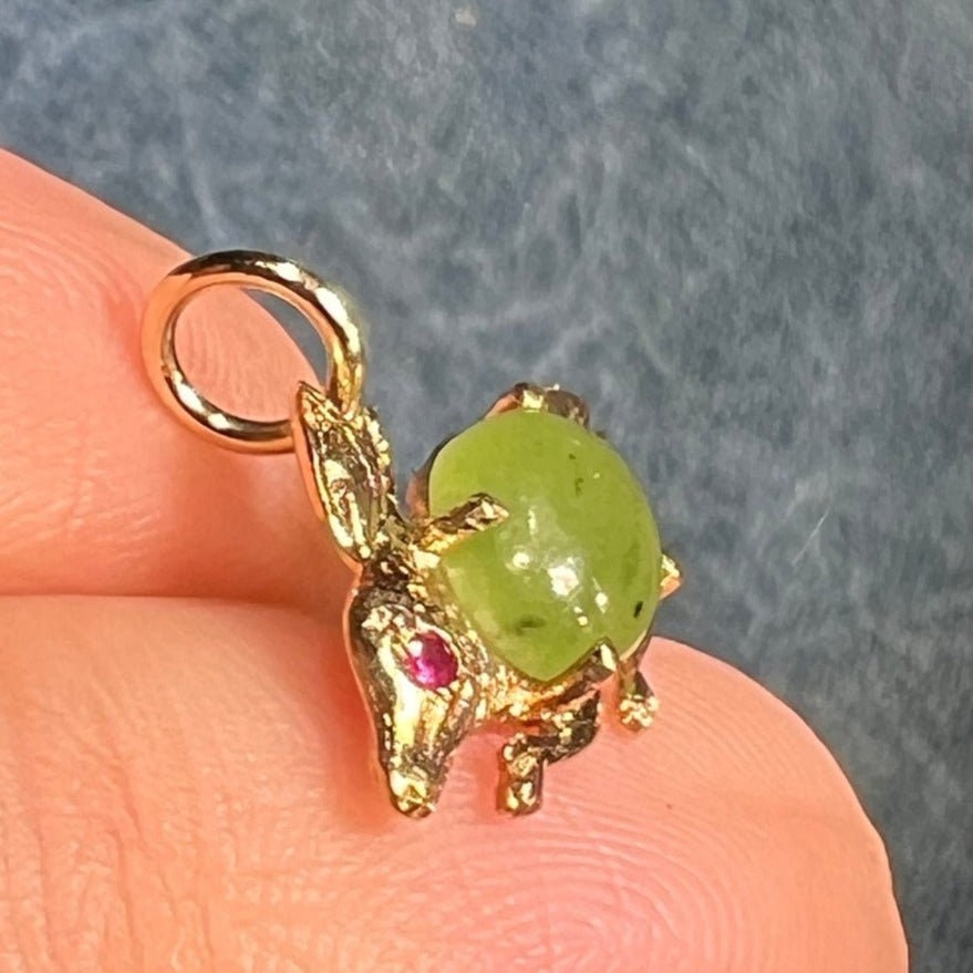 14k Gold Bunny Rabbit Pendant W Jade Jelly Belly Ruby. TINY - Etsy