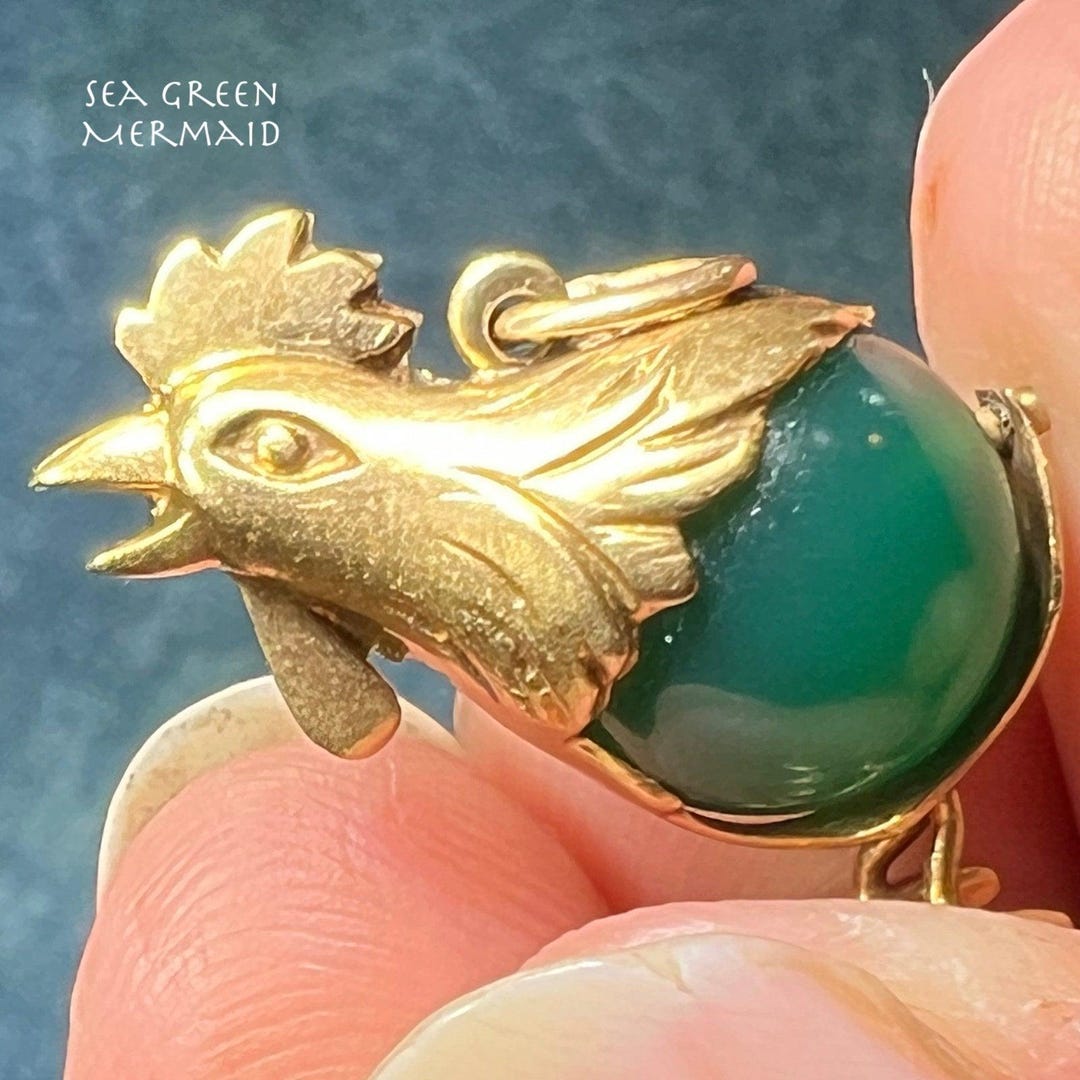 14k Gold Rooster Chicken Pendant W Jade Jelly Belly. German - Etsy